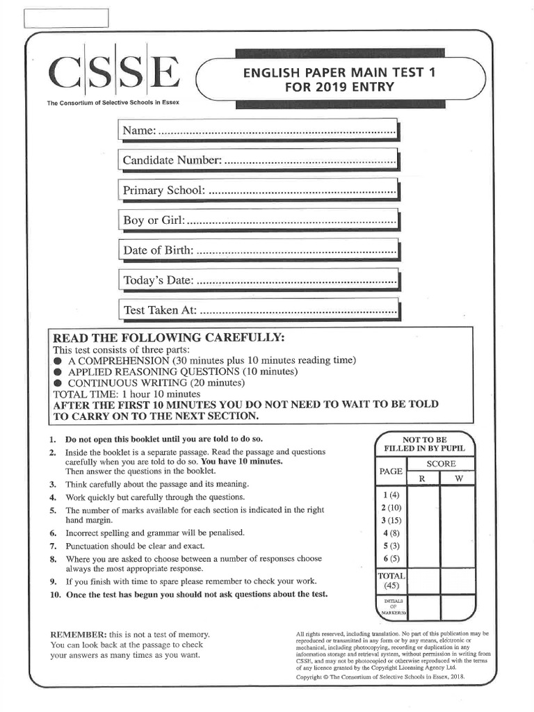 CSSE English 2018 Paper For 2019 Entry Comprehension and Applied Reasoning | PDF