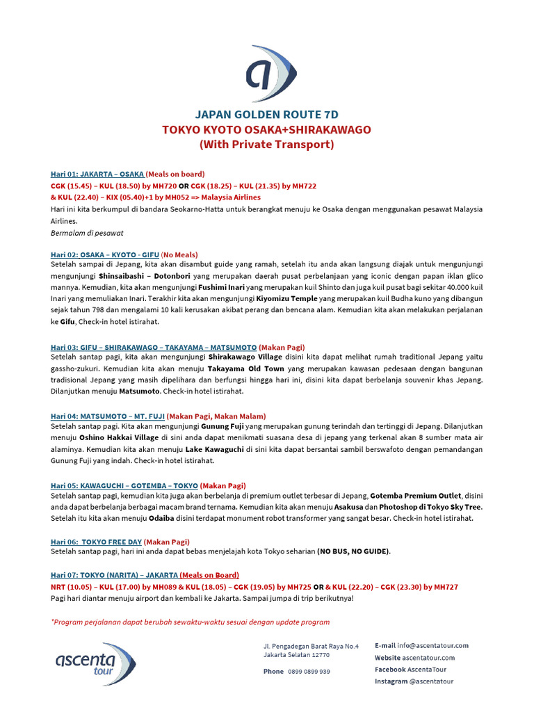 Japan Full Service 7D Golden Route+Shirakawago UPDAPR25 | PDF