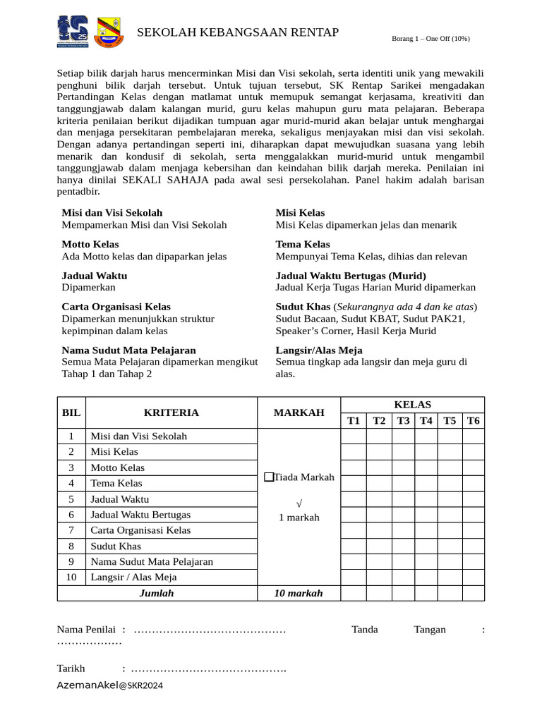 B1 Borang Pertandingan Kelas One Off | PDF