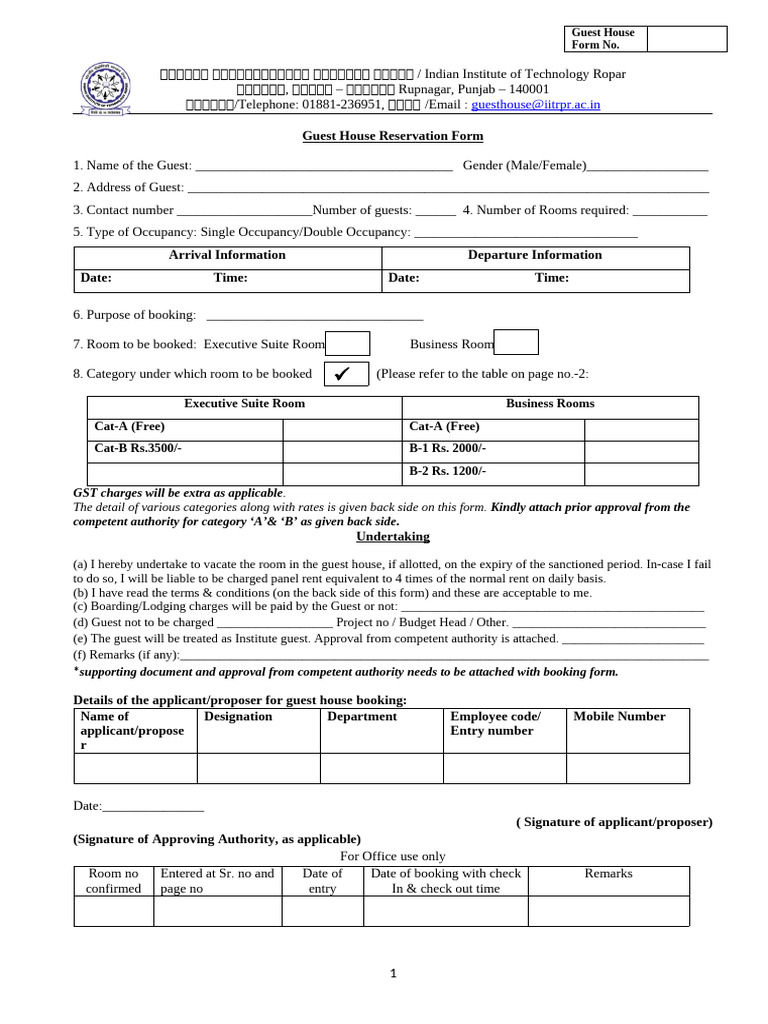 IIT Ropar Guest House Booking Form | PDF | Government