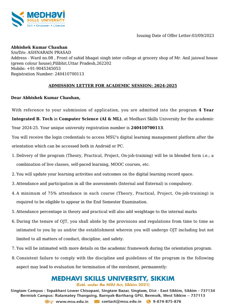 MSU Admission Letter for 2024-2025 | PDF