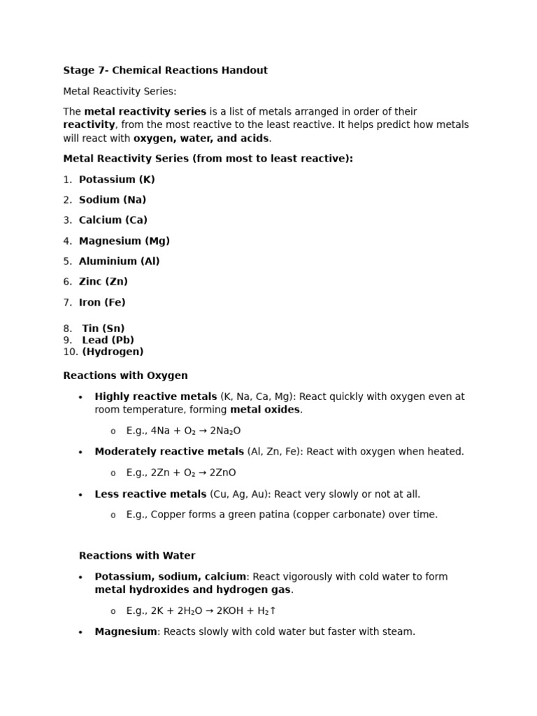 Stage 7 - Chemical Reactions Handout 1 | PDF | Magnesium | Chemical ...