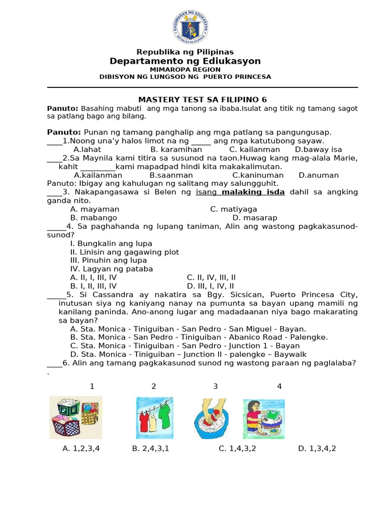 Filipino-6-Mastery Test 1st QTR | PDF