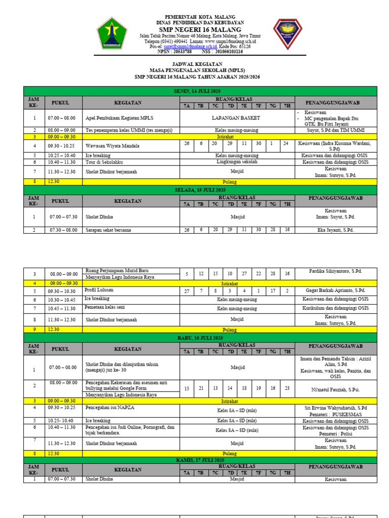 Jadwal MPLS SMPN 16 Malang 2025/2026 | PDF