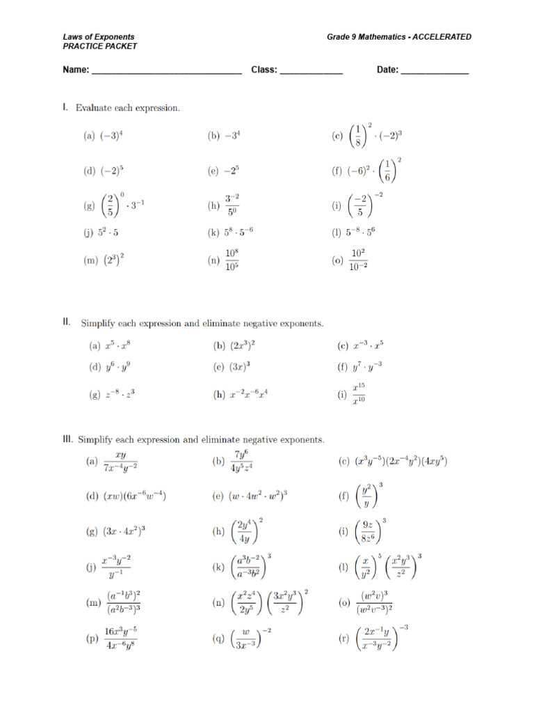 Grade 9 Laws of Exponents Worksheet | PDF