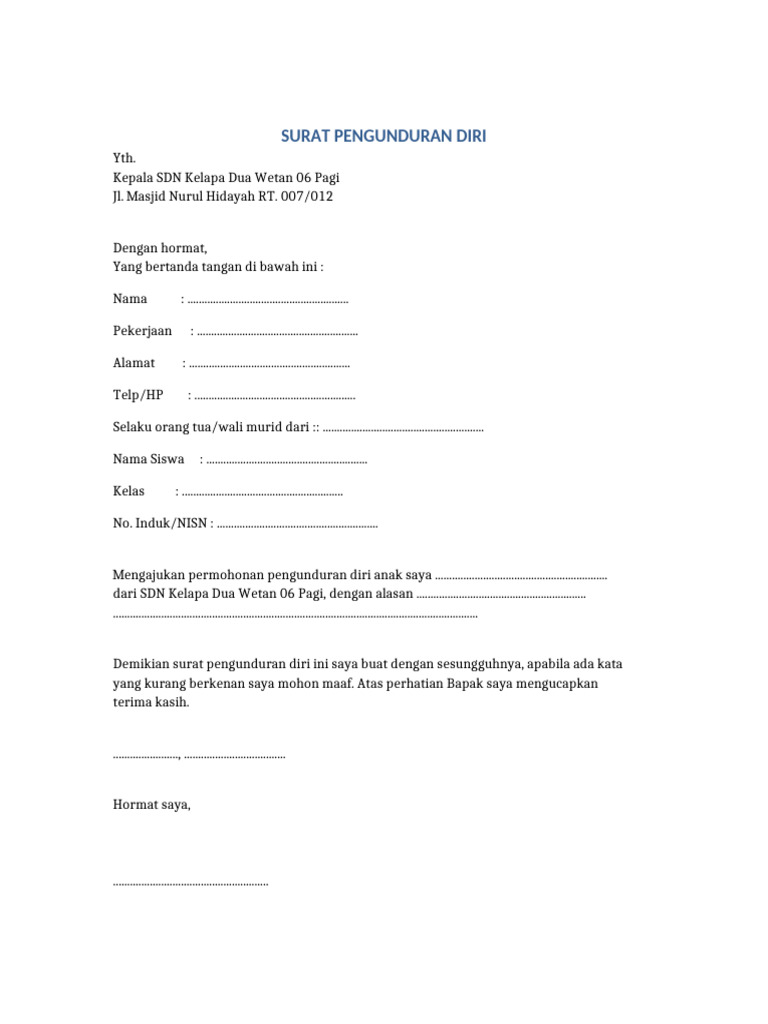 Surat Pengunduran Diri SDN | PDF