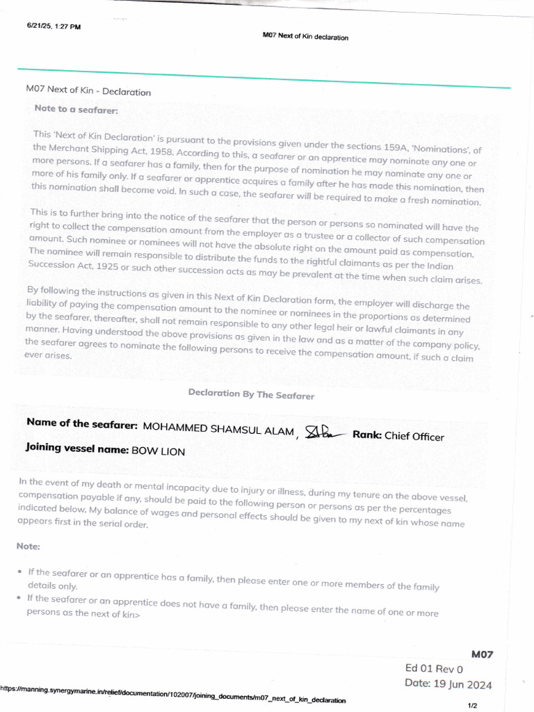 Next of Kin Declaration Form | PDF