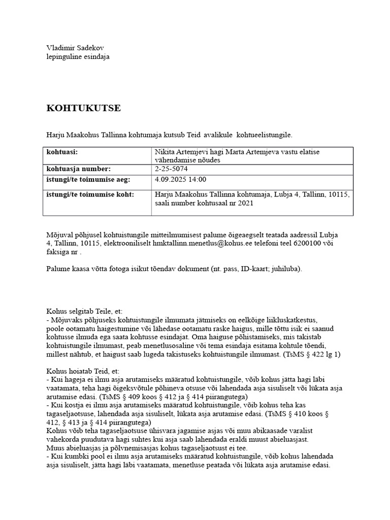 Vladimir Sadekov Kutse 04.09.2025 Istungile | PDF