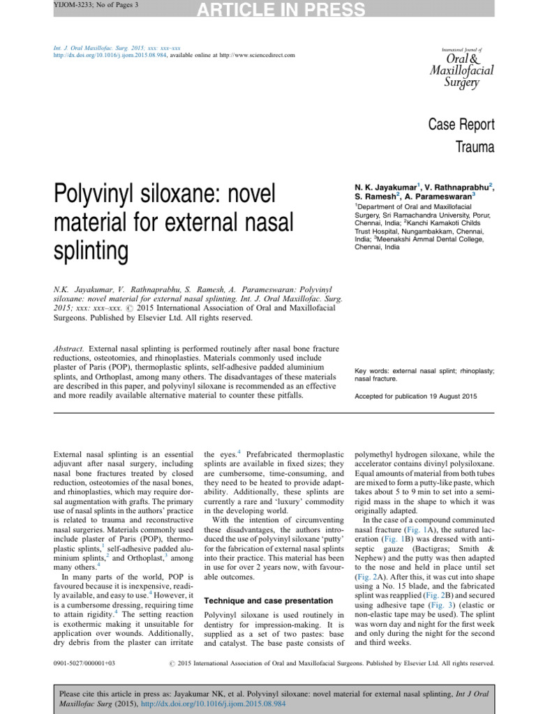Polyvinyl Siloxane - Novel Material For External Nasal Splinting | PDF ...