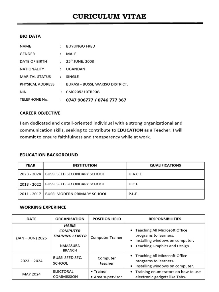 Curiculum Vitae - Buyungo Fred | PDF | Learning | Computing