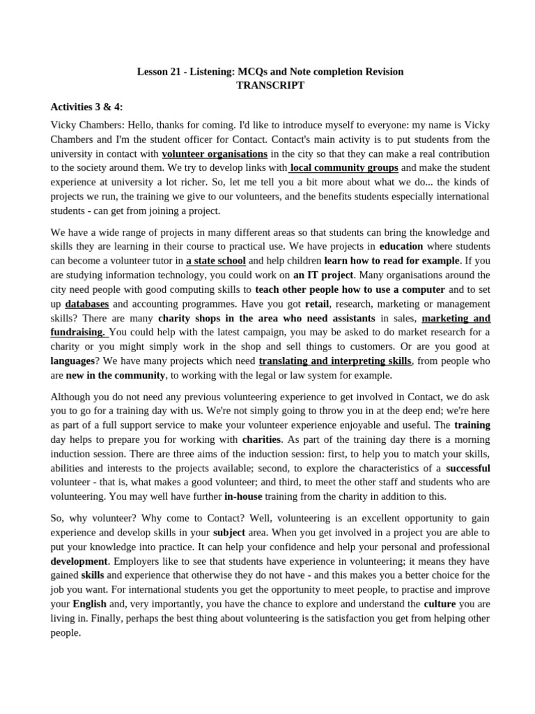 TB Lesson 21 U6 JR Transcripts (Part 1) | PDF | Volunteering | Experience