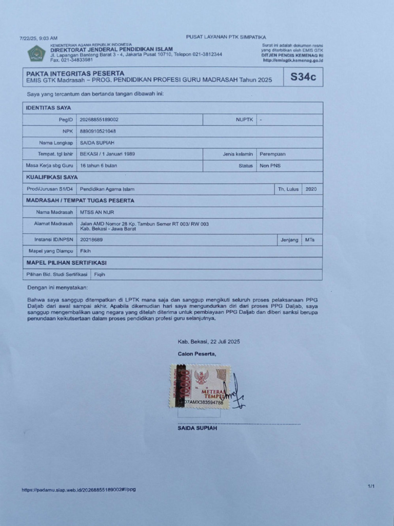 S34c Fakta Integritas Saida Supiah | PDF