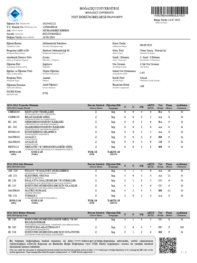 Yuksekogretim Kurulu Transkript Belgesi Sorgulama | PDF