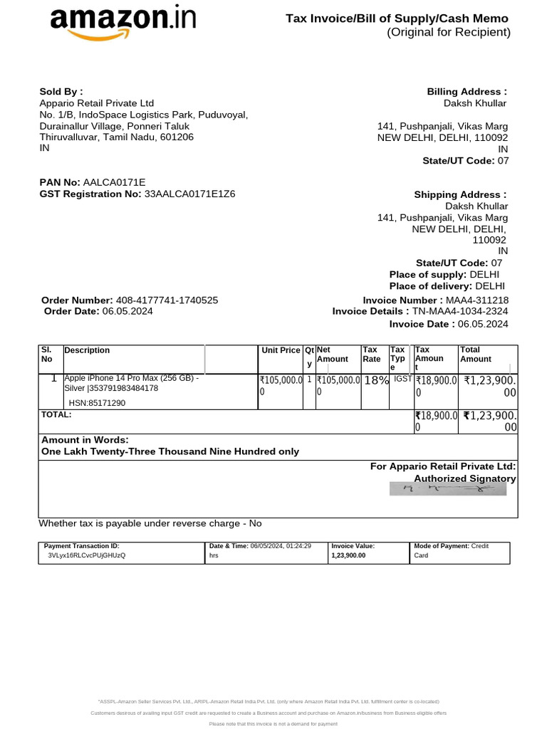 Amazon Invoice for iPhone Purchase | PDF | Invoice | Payments