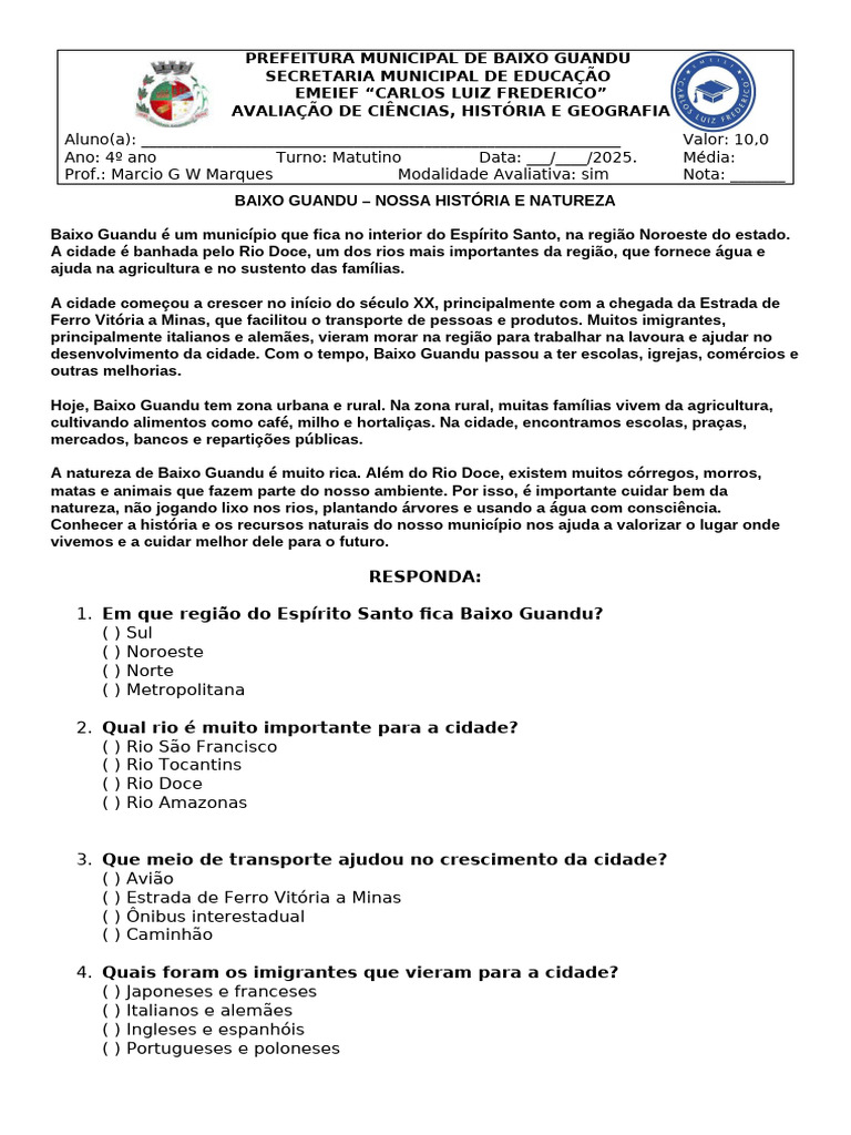 Avaliação de Ciências e História 4º Ano | PDF | Cidade | Agricultura