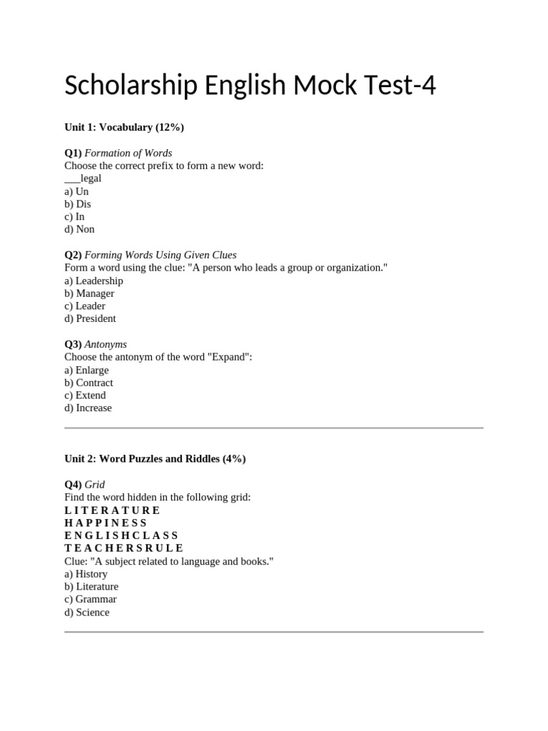 Class 8 Scholarship English Mock Test | PDF | Grammar | Syntax