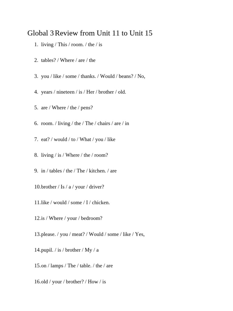 Global 3 Review: Units 11-15 Exercises | PDF