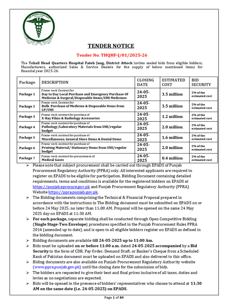Tender Notice for Medical Supplies 2025-26 | PDF | Specification ...