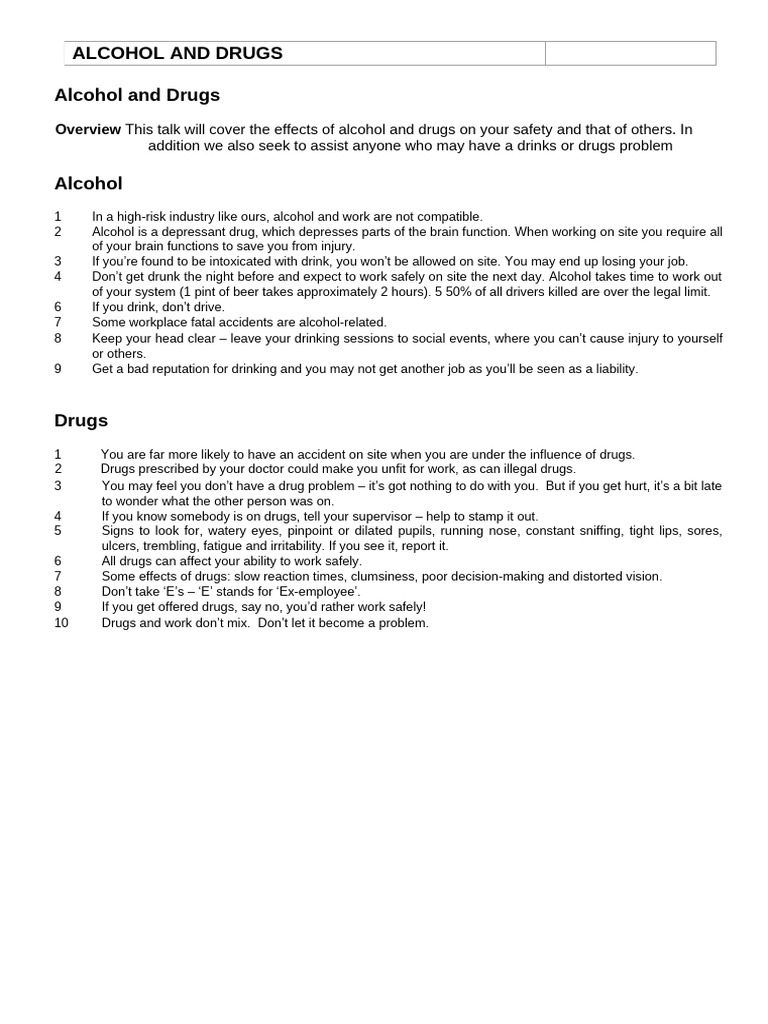 Alcohol and Drugs: Safety Toolbox Talk | PDF