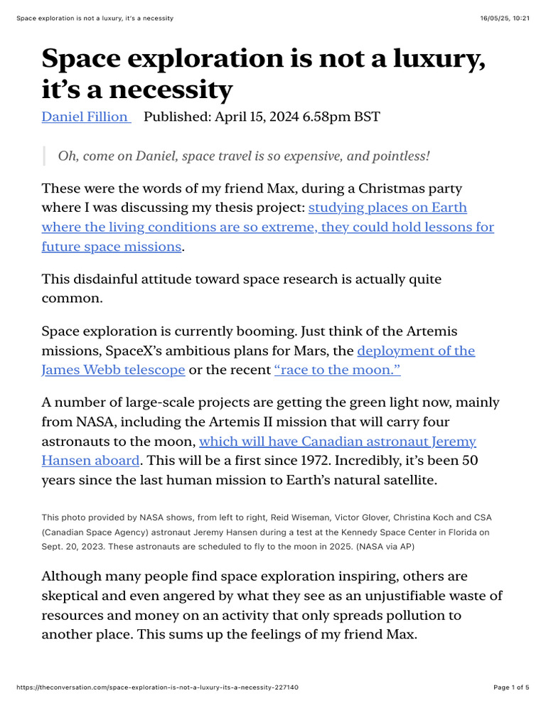 Space Exploration: A Human Necessity | PDF | Satellite | Space Exploration