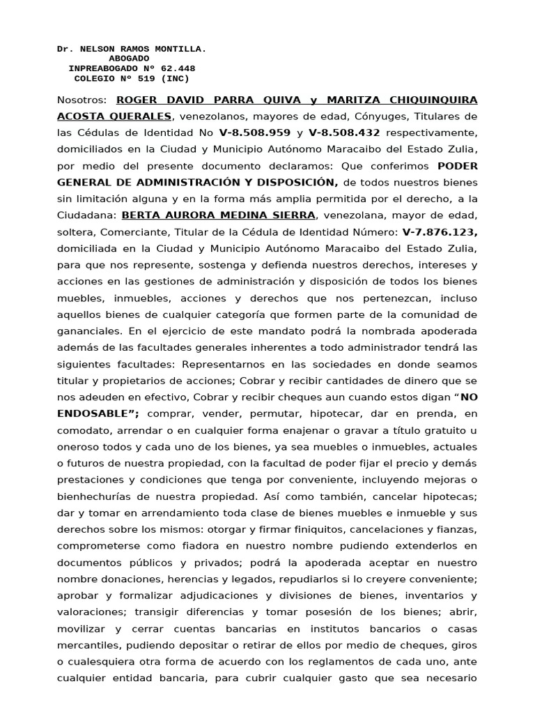 Poder de Adminis y Dispo Roger Parra | PDF | Propiedad | Cheque