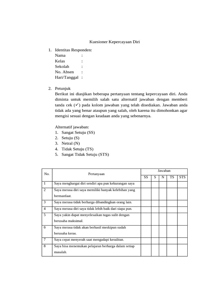 Kuesioner Kepercayaan Diri | PDF