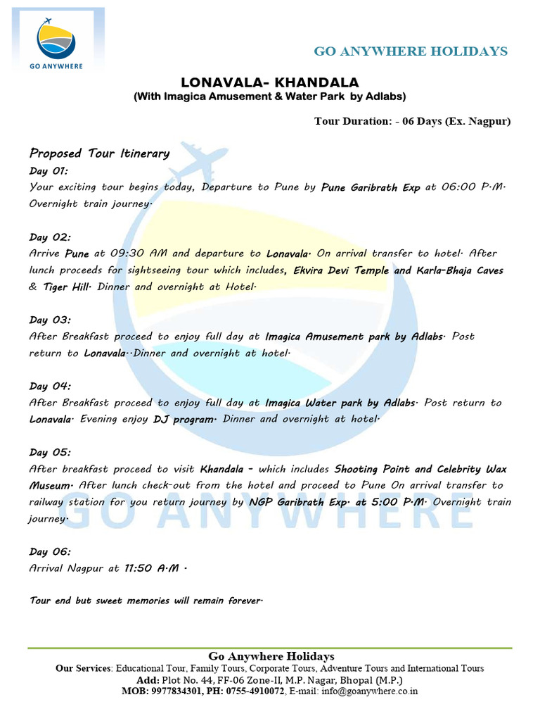 Lonavala-Khandala With Imagica WP & AP | PDF | Meal