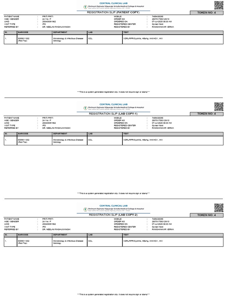Registration Slip : Patient Copy Token No: 4 | PDF | Medical Tests ...