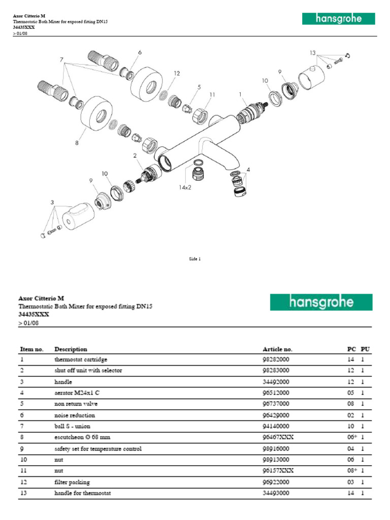 Axor Citterio M Thermostatic Mixer Parts | PDF