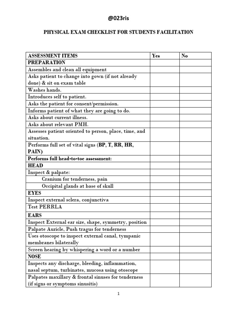 Physical Exam Checklist@23 | PDF | Neck | Pulse