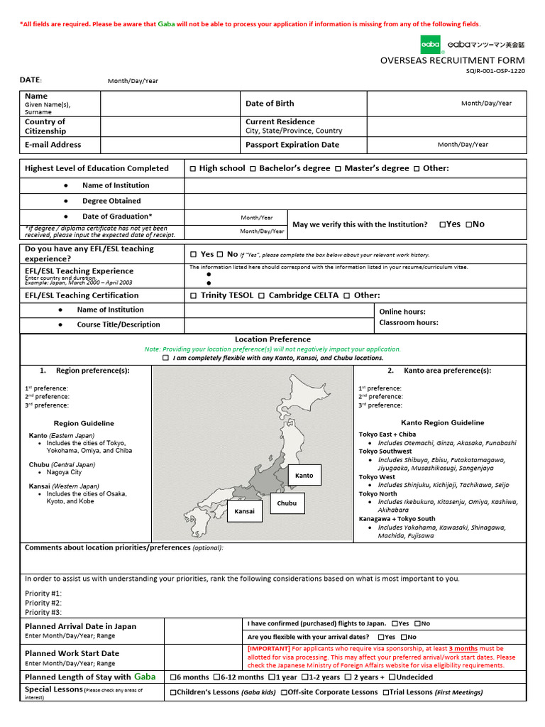 Gaba Overseas Recruitment Application Form | PDF | Academic Degree ...