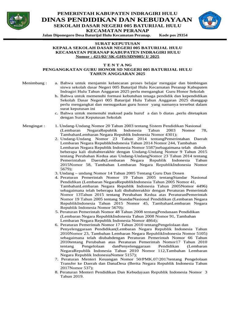 Pengangkatan Guru Honor SDN 005 Baturijal | PDF