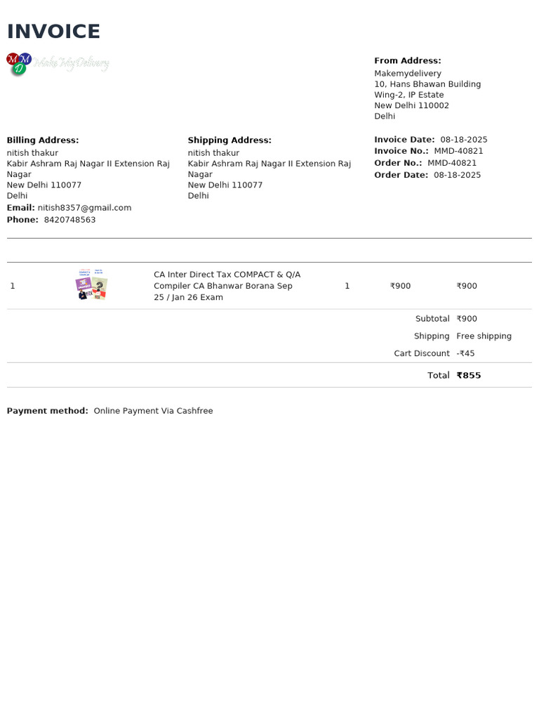 Invoice for CA Inter Direct Tax Purchase | PDF