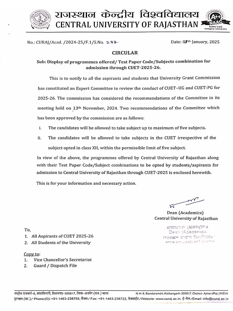 CIRCULAR- Display of Programmes Offered-Test Paper Code-Subjects ...