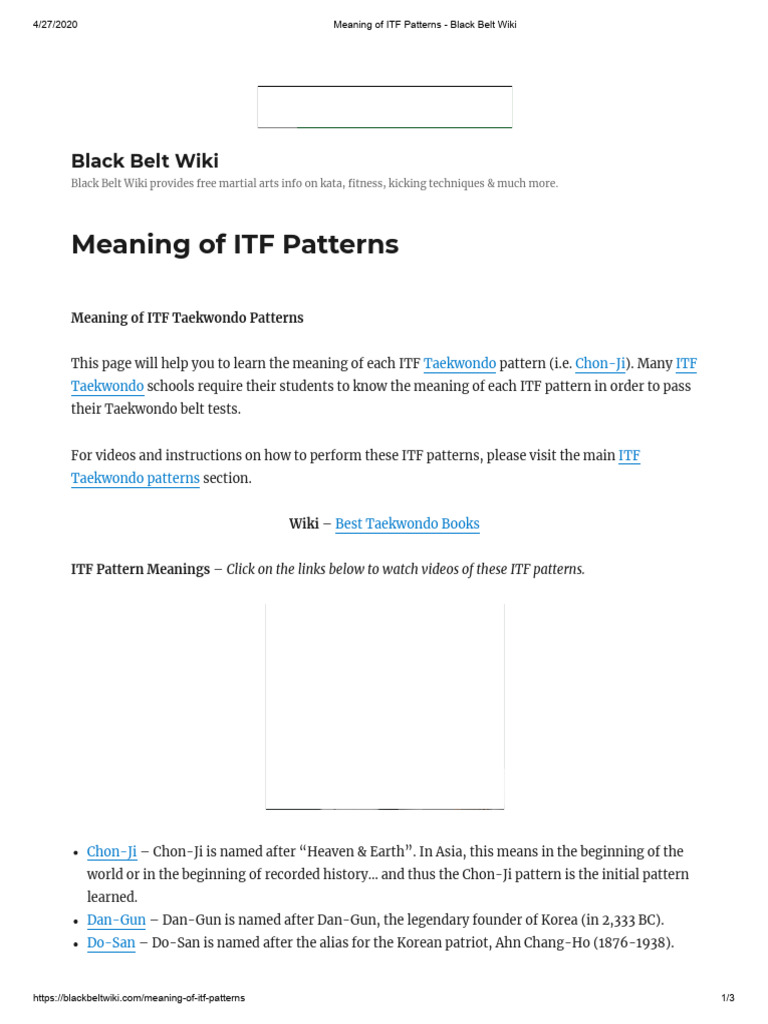 Meaning of ITF Patterns - Black Belt Wiki | PDF | Korea | Taekwondo