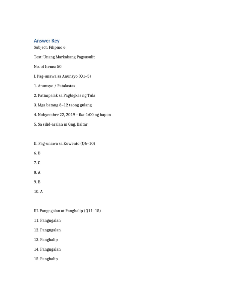 AnswerKey Filipino6 | PDF