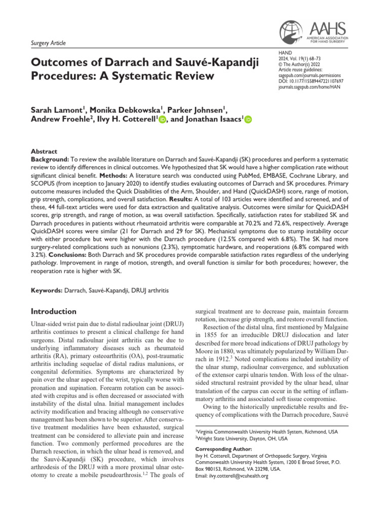 Outcomes of Darrach and Sauve-Kapandji Procedure A Systemic Review ...