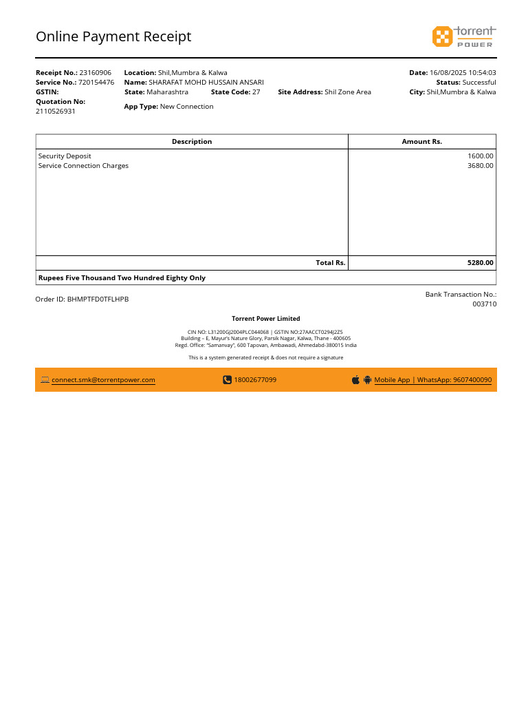 Online Payment Receipt for New Connection | PDF