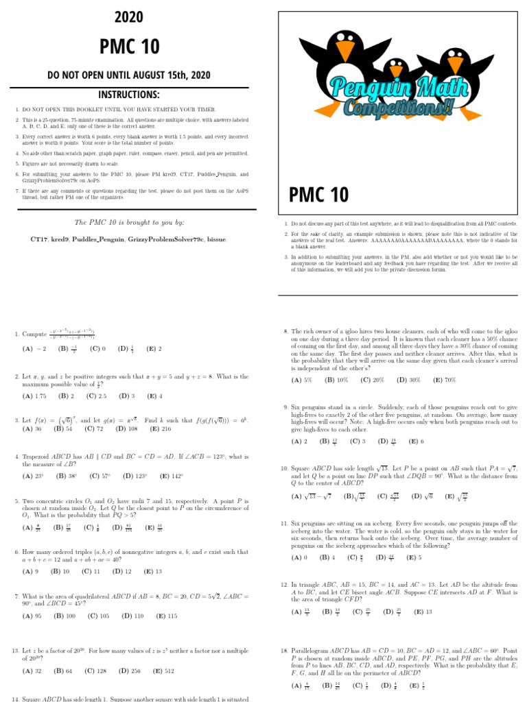 2020 PMC 10 Exam Instructions and Questions | PDF | Square Root | Circle
