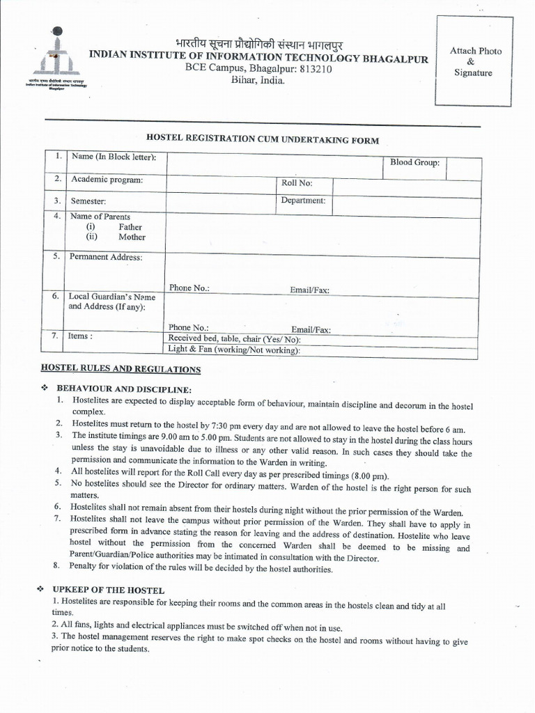 Hostel Registration Cum Undertaking Form | PDF