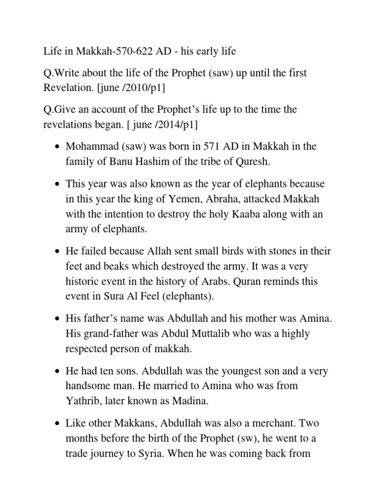 Early Life of Prophet Muhammad (570-622 AD) | PDF | Muhammad ...