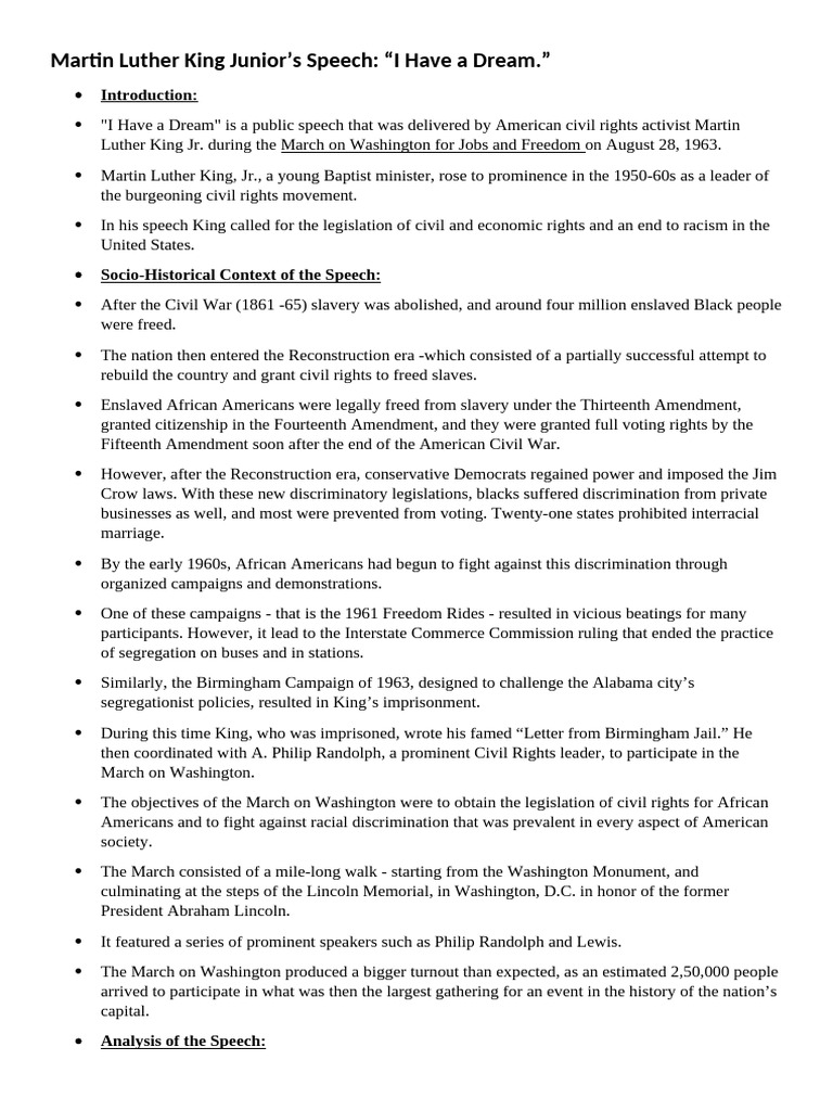 MLK's "I Have a Dream" Speech Analysis | PDF | Martin Luther King Jr ...