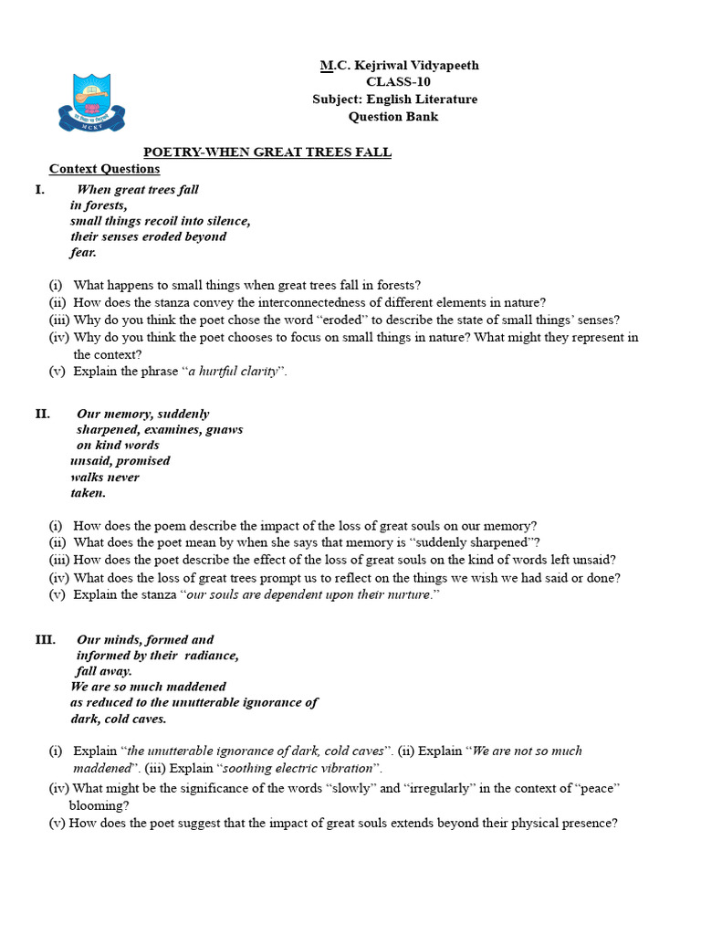 When Great Trees Fall - Question Bank-1 | PDF