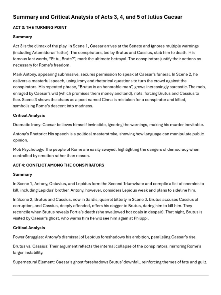 Critical Appreciation of Julius CAesar | PDF | Mark Antony | Julius Caesar