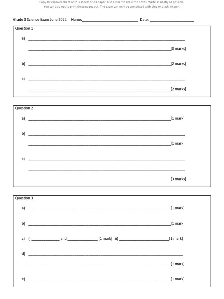 Grade 8 Science Exam Answer Sheet 2022 | PDF | Publishing | Printing ...