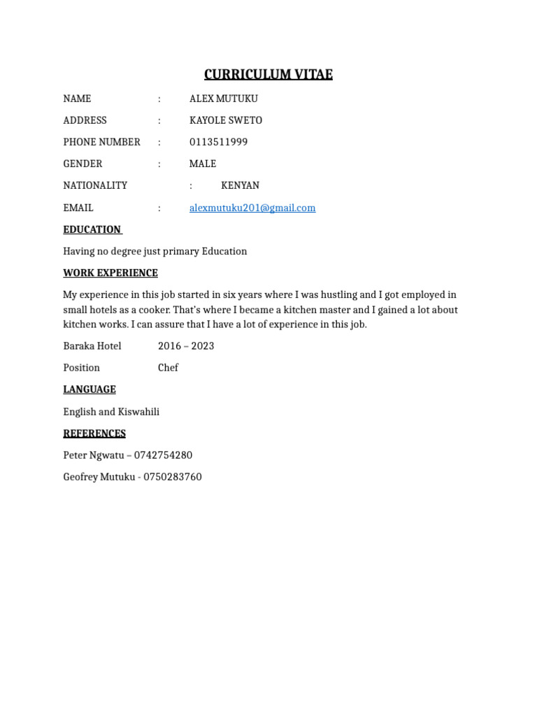 Alex Mutuku's Chef CV and Experience | PDF
