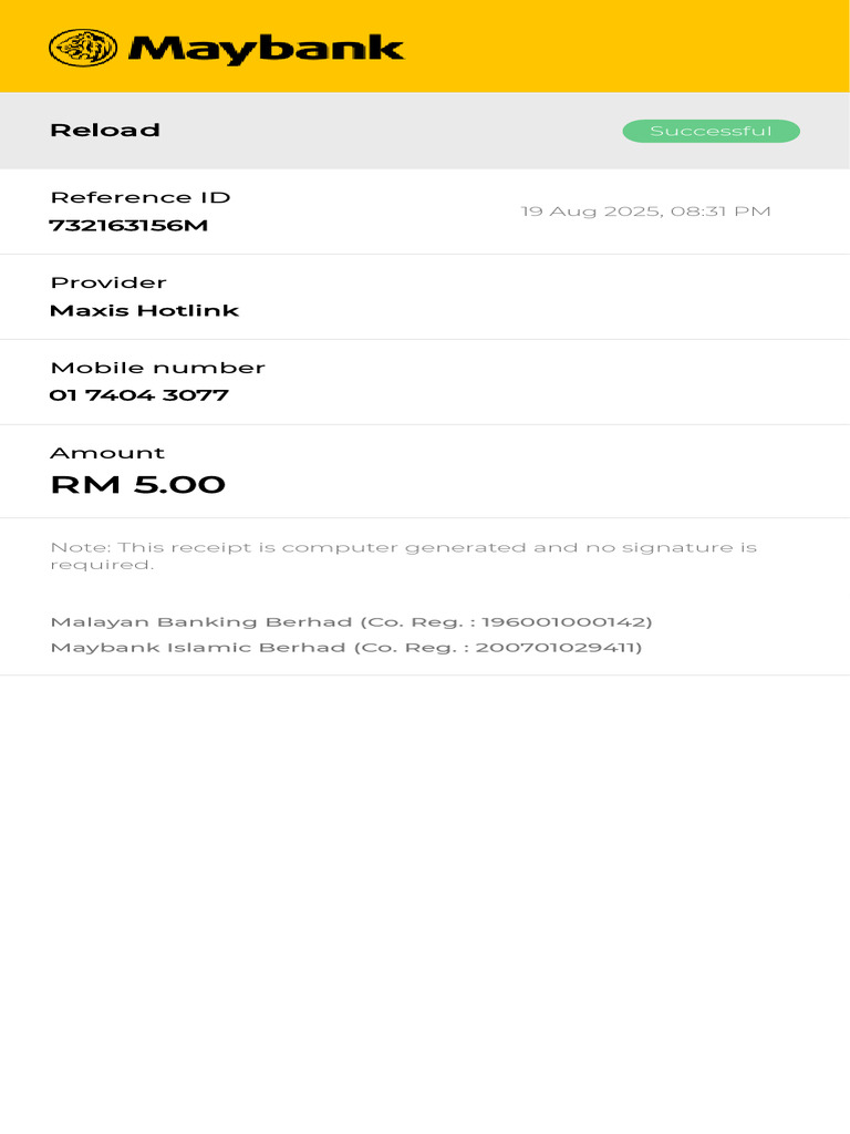 Maxis Hotlink RM 5 Receipt 2025 | PDF