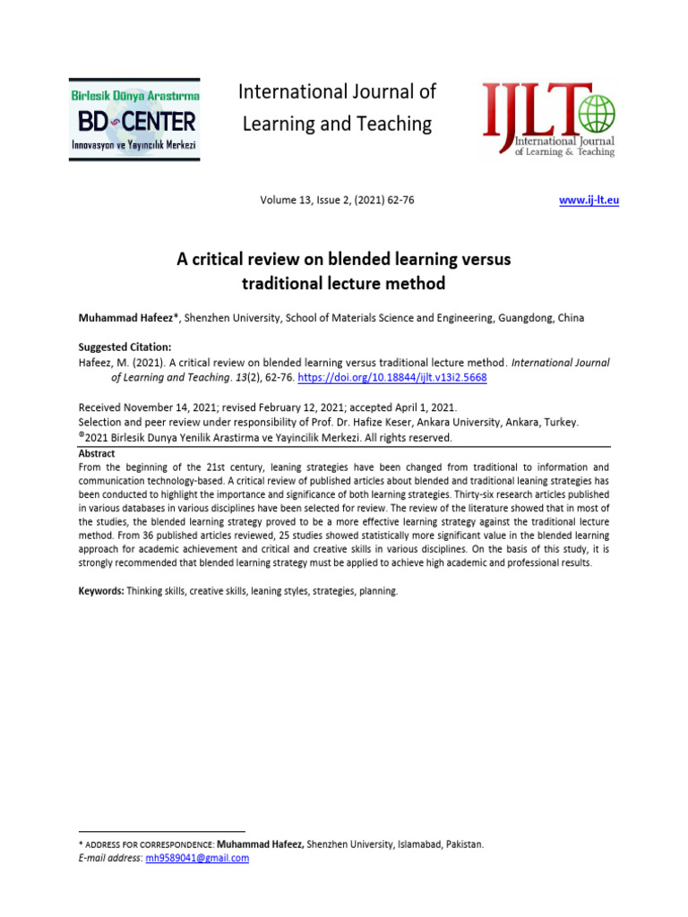 A Critical Review On Blended Learning Versus Tradi | PDF | Learning ...