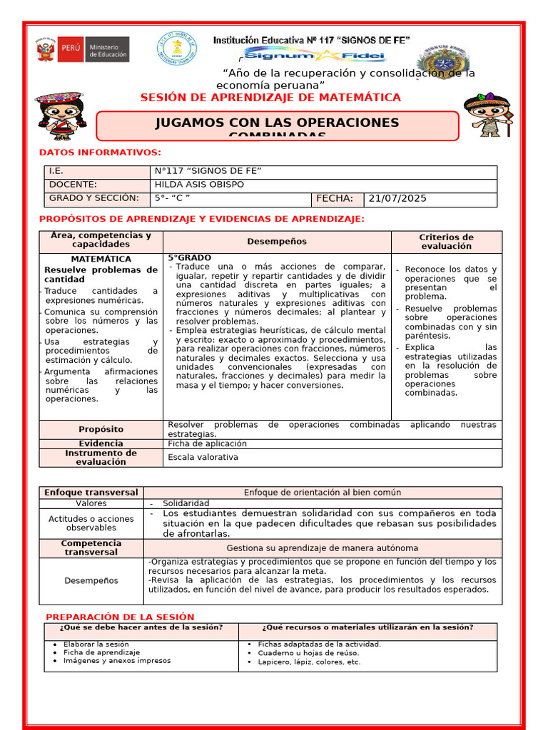 U4 - Ses-Mat-Jugamos Con Las Operaciones Combinadas - 21 de Julio | PDF | Aprendizaje | Matemáticas
