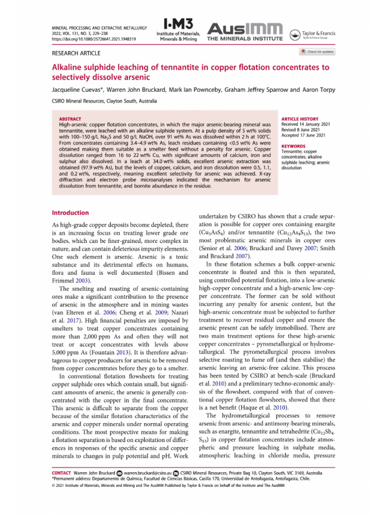 Alkaline Sulphide Leaching of Tennantite in Copper Flotation ...